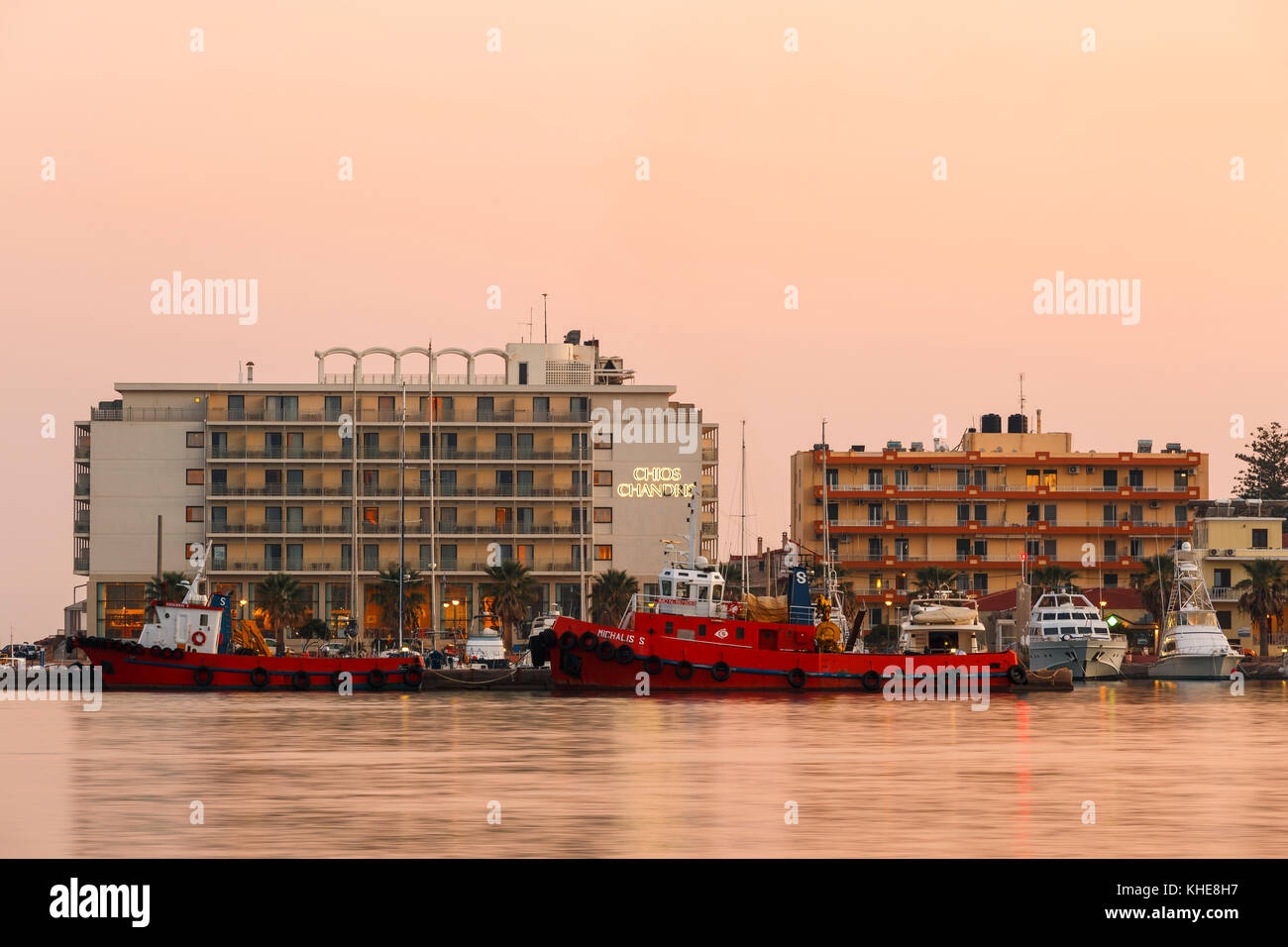 Chios town and its seafront as seen from the pier of the harbour Stock ...