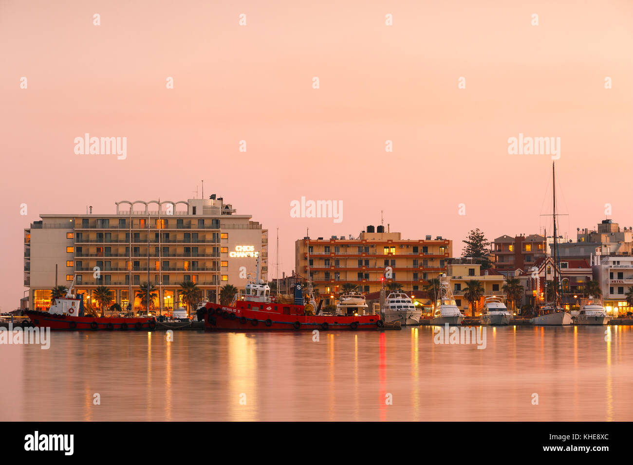 Chios town and its seafront as seen from the pier of the harbour Stock ...