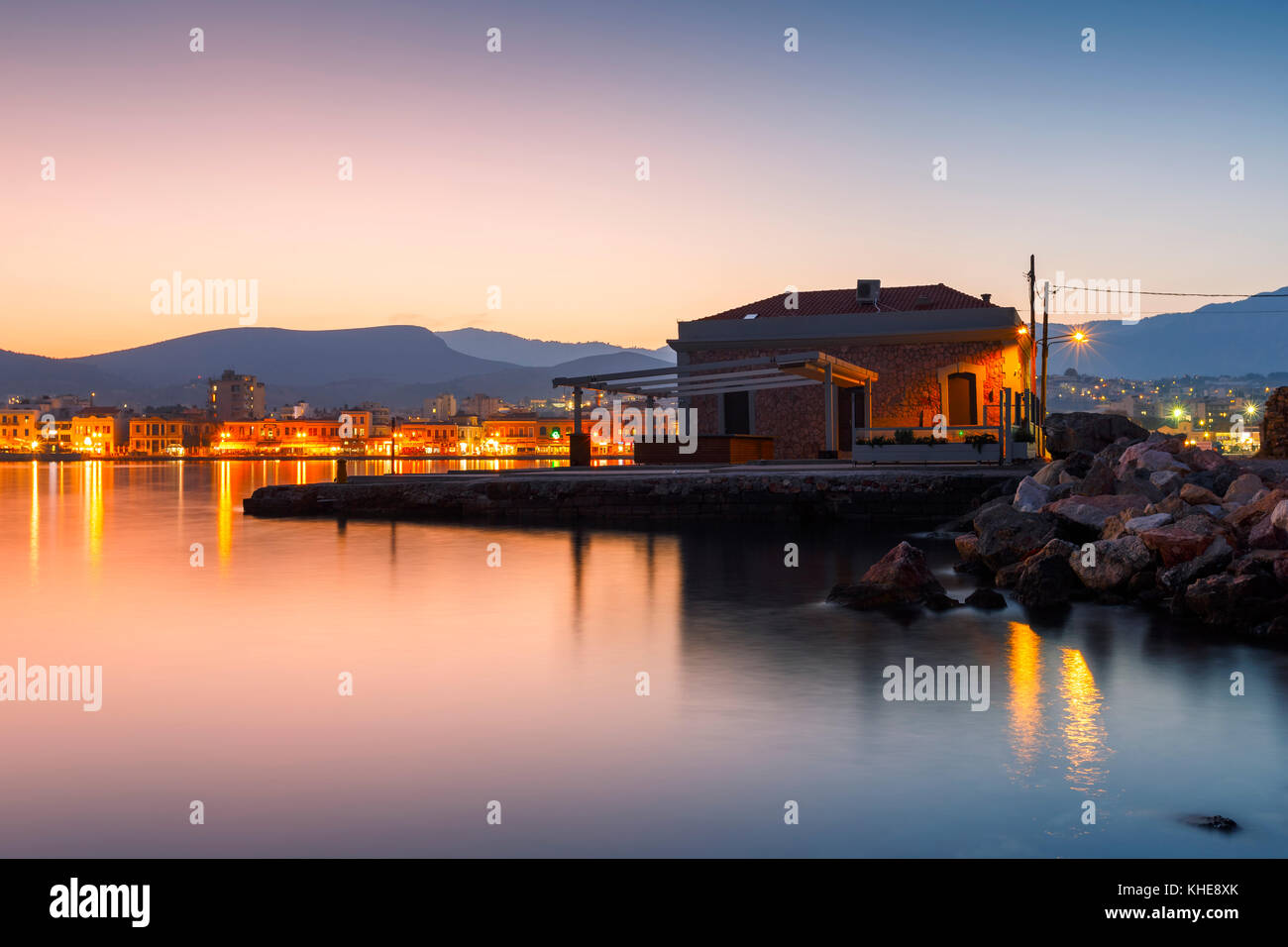 Chios town and its seafront as seen from the pier of the harbour Stock ...