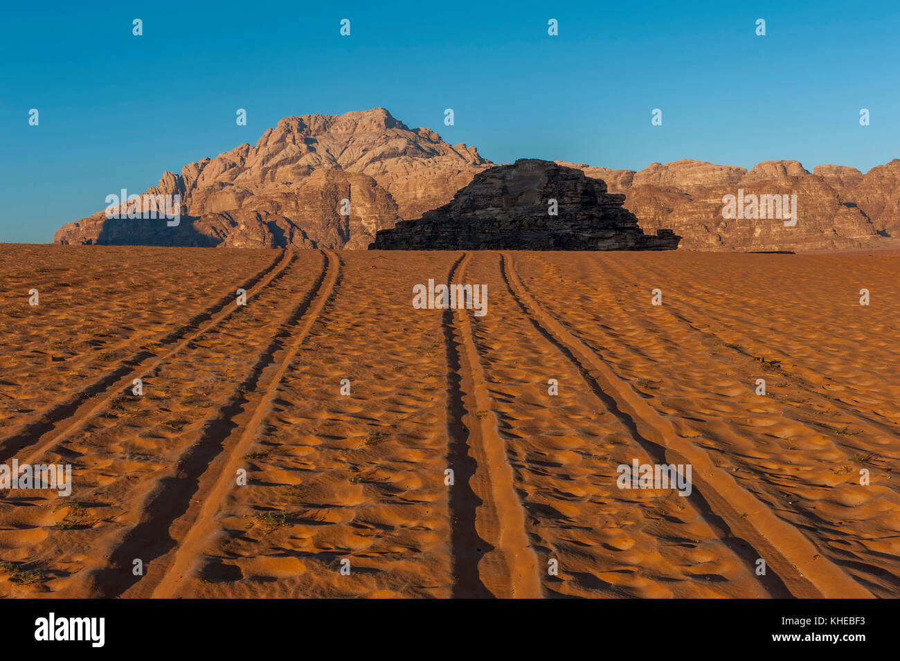 Tyre tracks in the Wadi Rum desert, Jordan, Middle East Stock Photo - Alamy