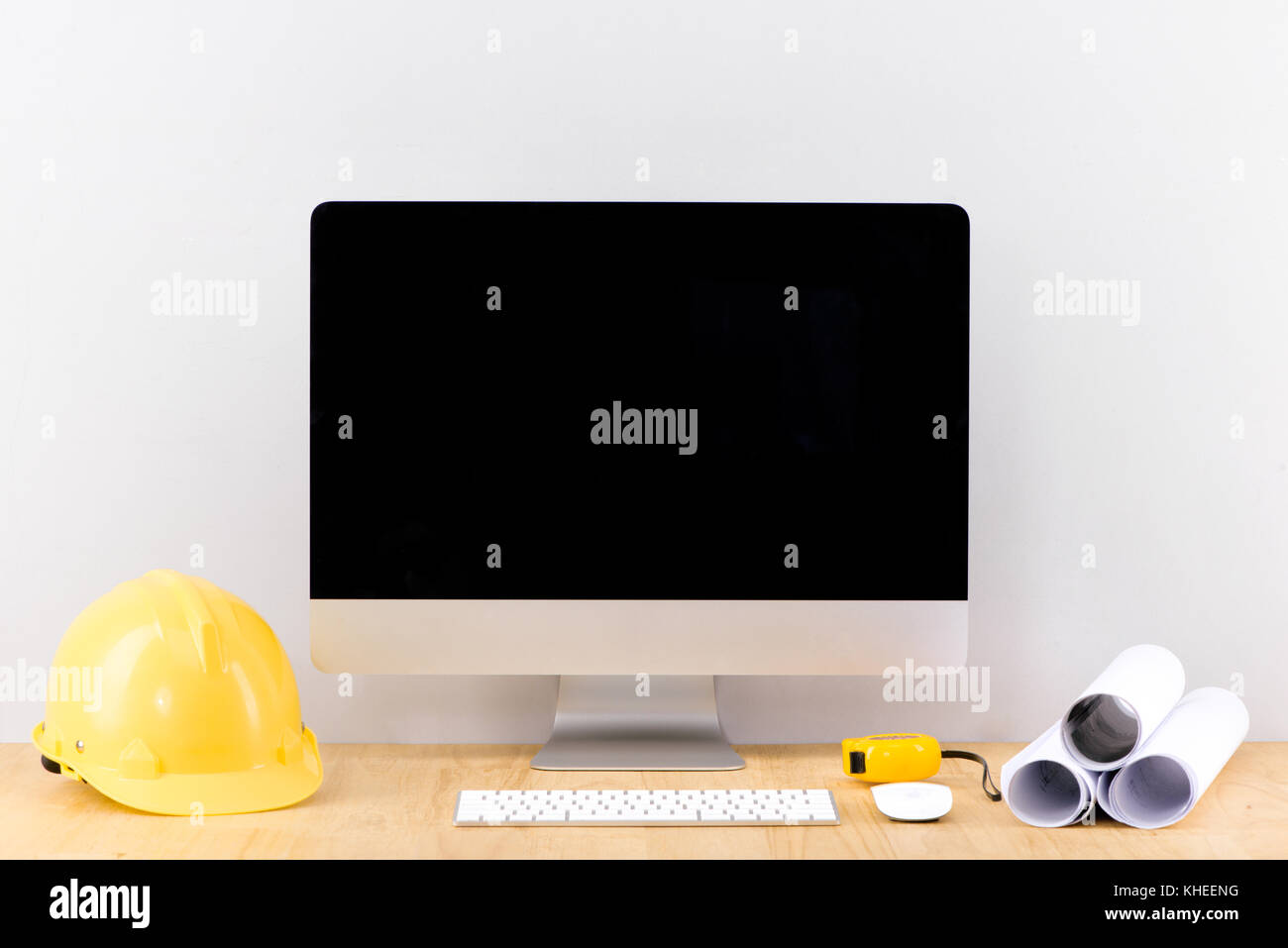 Engineer office working desk with desktop computer screen isolated ...