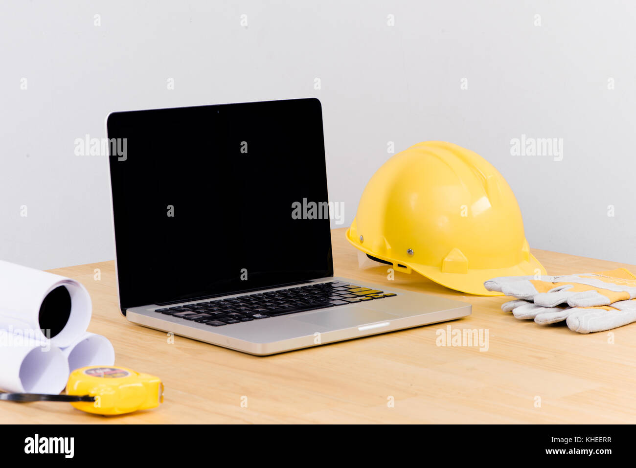 Engineer office working desk with desktop computer screen isolated ...