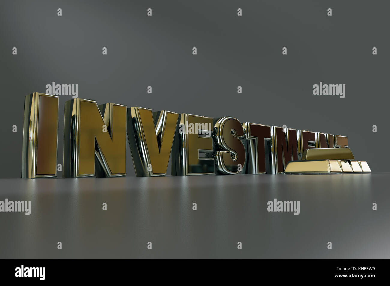3D rendering of Golden INVESTMENT word with couple of gold bars lying ...