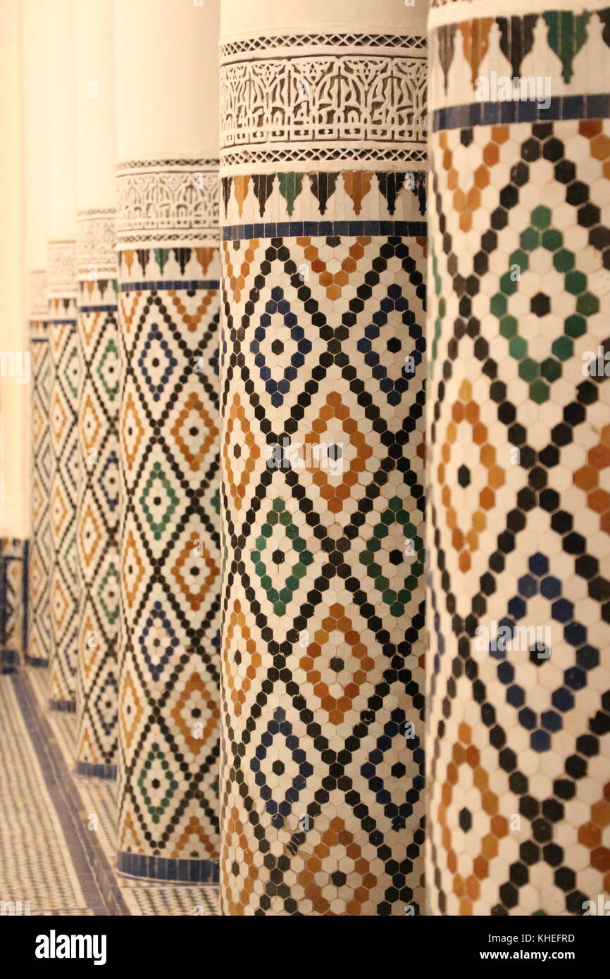 Details of mosaic work in columns in a building in Morocco Stock Photo ...