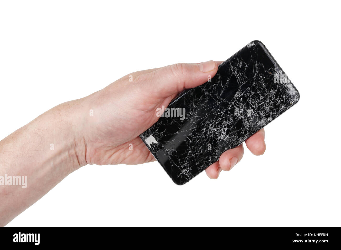 The user holds in his hand a defective no name smart phone with a ...