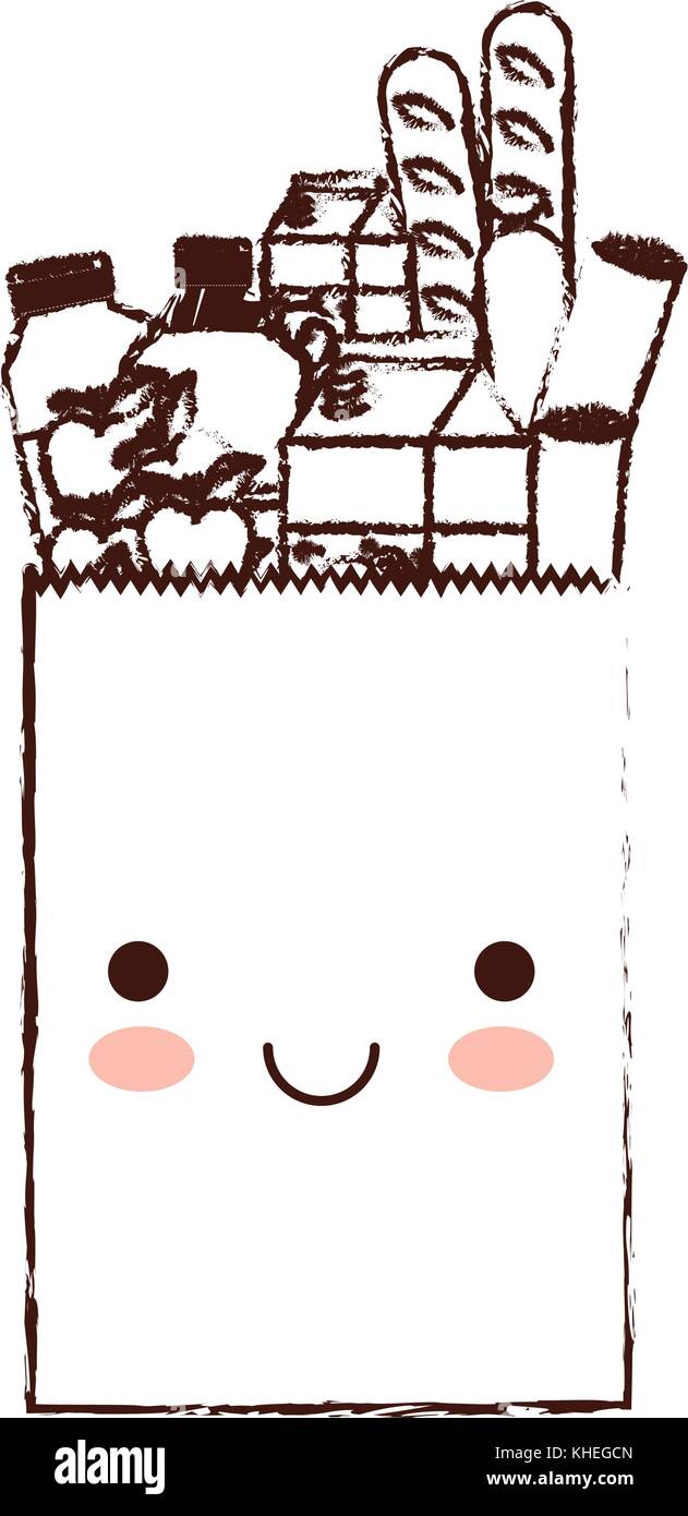 kawaii rectangular paper bag with foods sausage and bread apples and ...