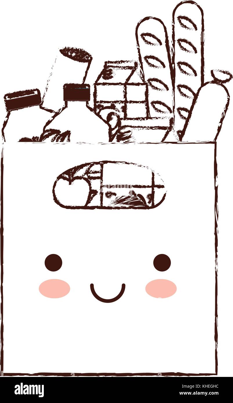 kawaii rectangular paper bag with handle and foods sausage and bread ...