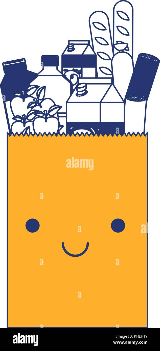 kawaii rectangular paper bag with foods sausage and bread apples and ...