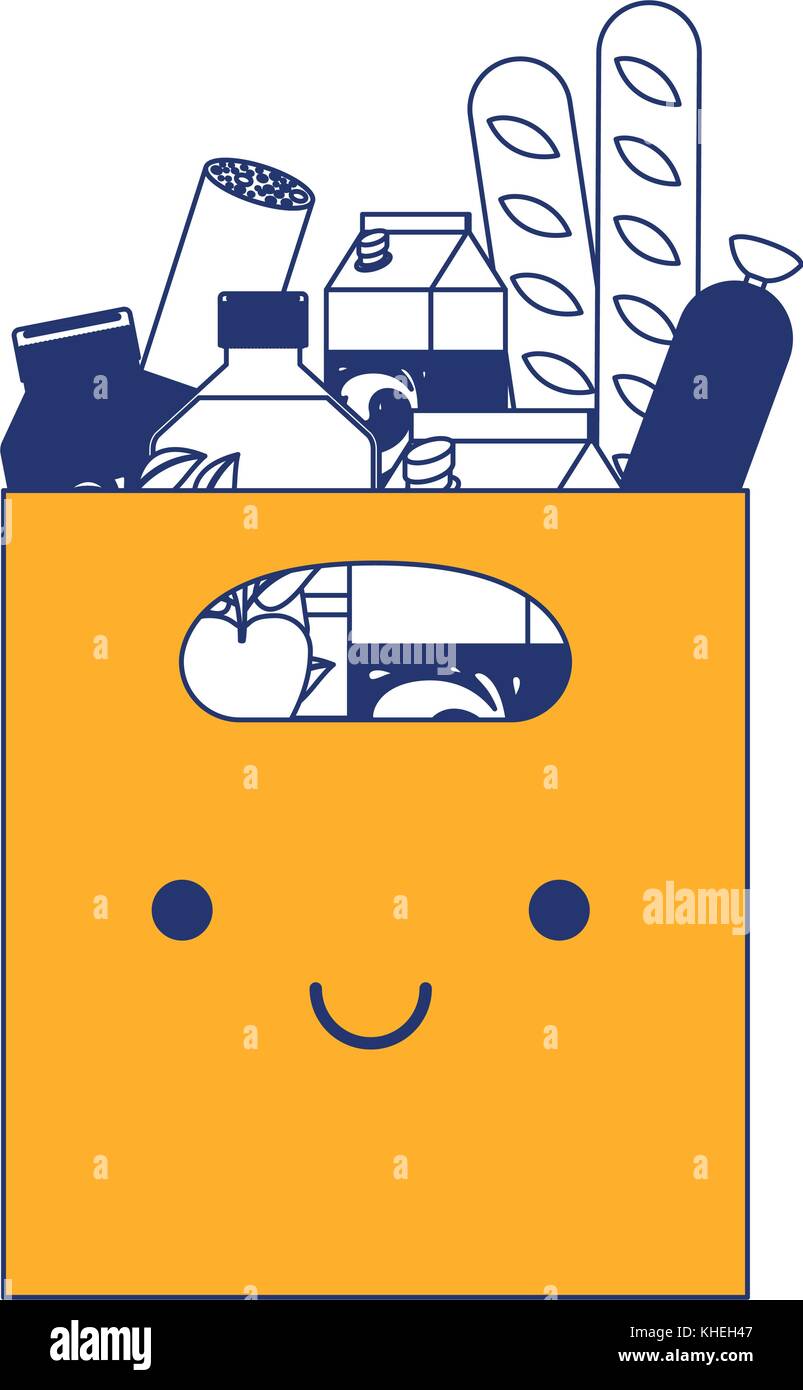 kawaii rectangular paper bag with handle and foods sausage and bread ...