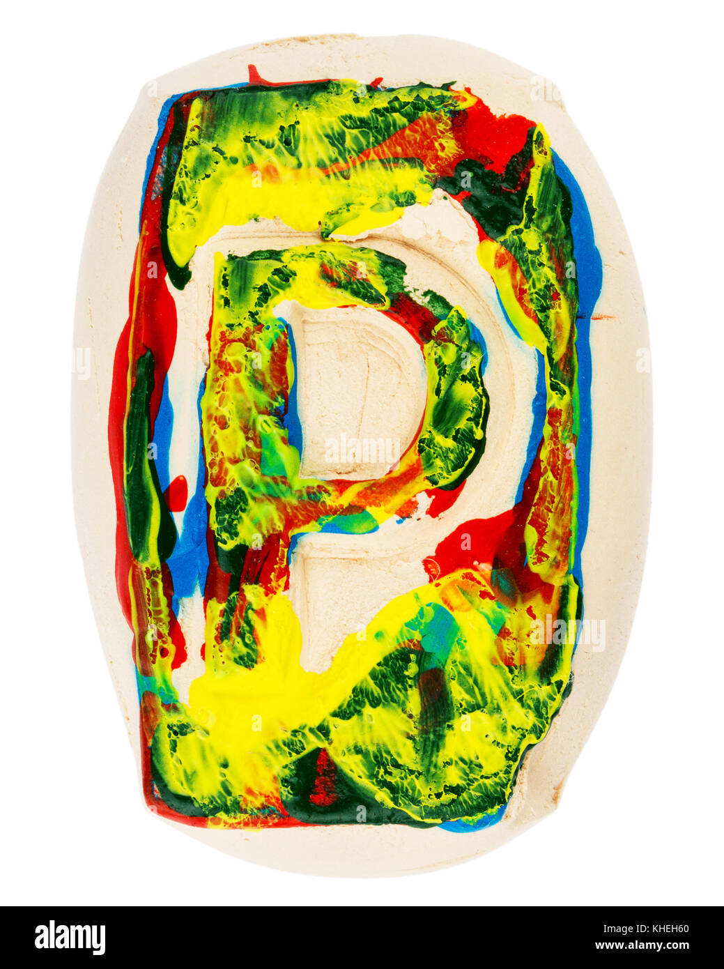 Handmade of white clay letter P painted with colorful acrylic paints ...