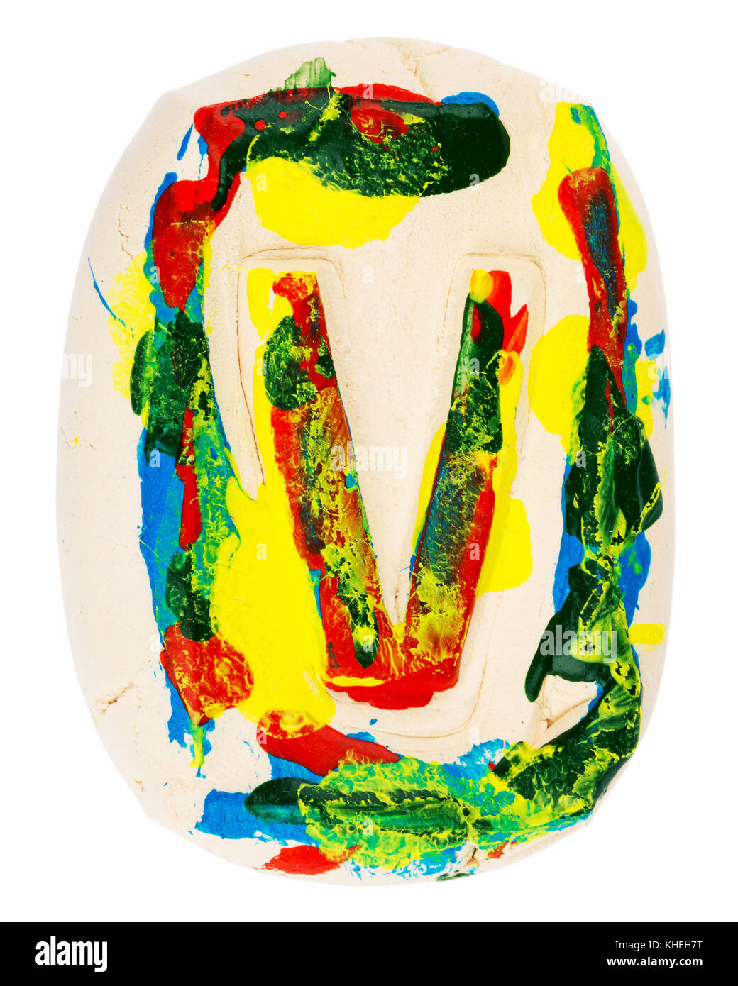 Handmade of white clay letter V painted with colorful acrylic paints ...