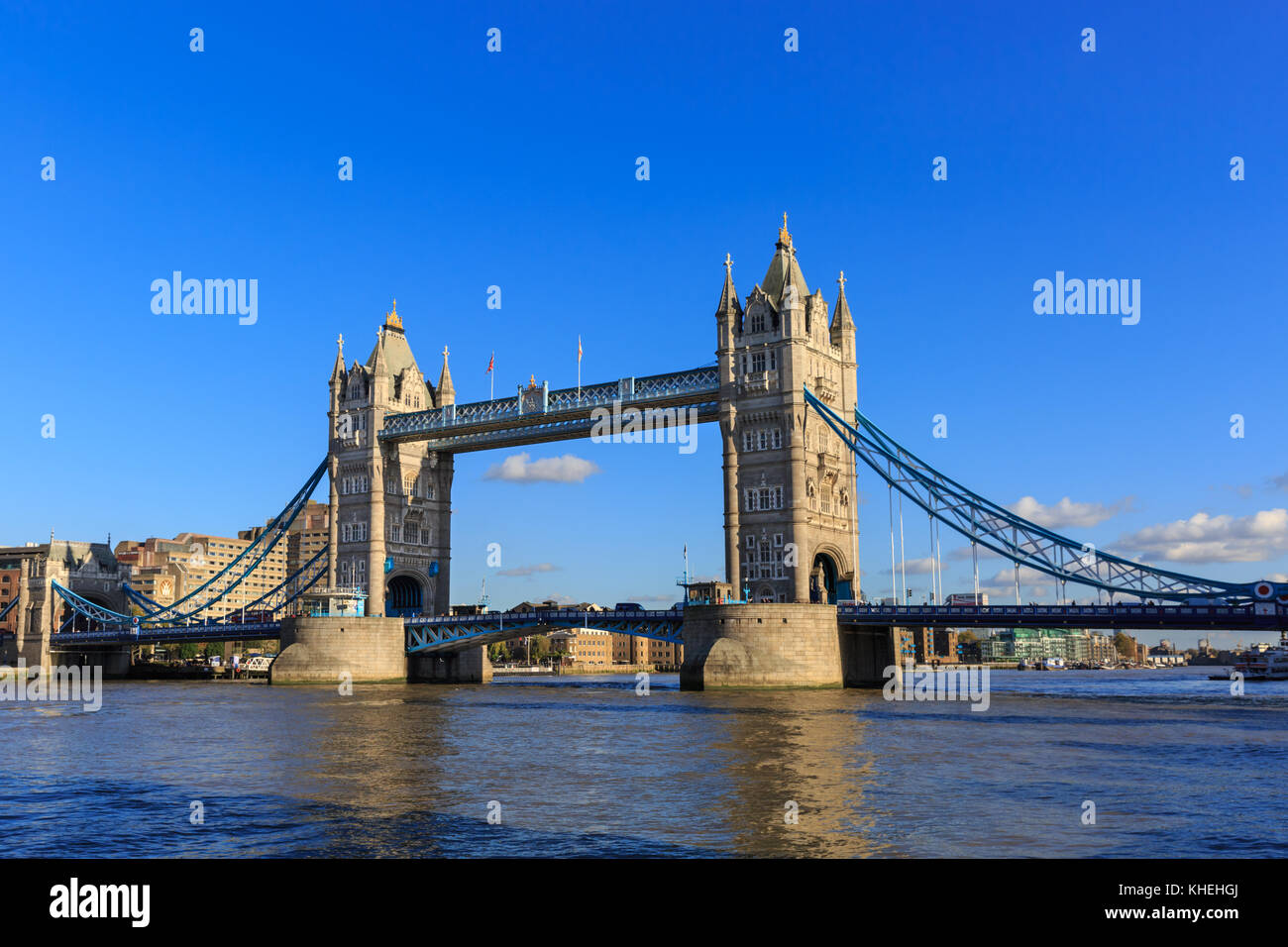 Tower Bridge, British landmark on a clear, sunny day with blue sky in ...