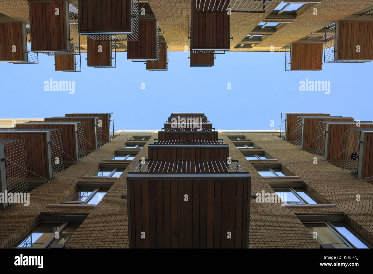 View up modern apartment block architecture with geometrical pattern of ...