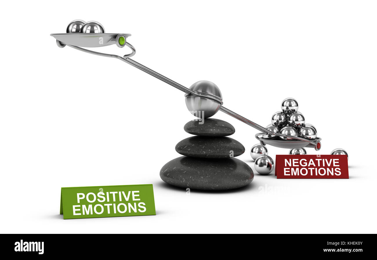 3D illustration of a seesaw with metal spheres with the words positive ...