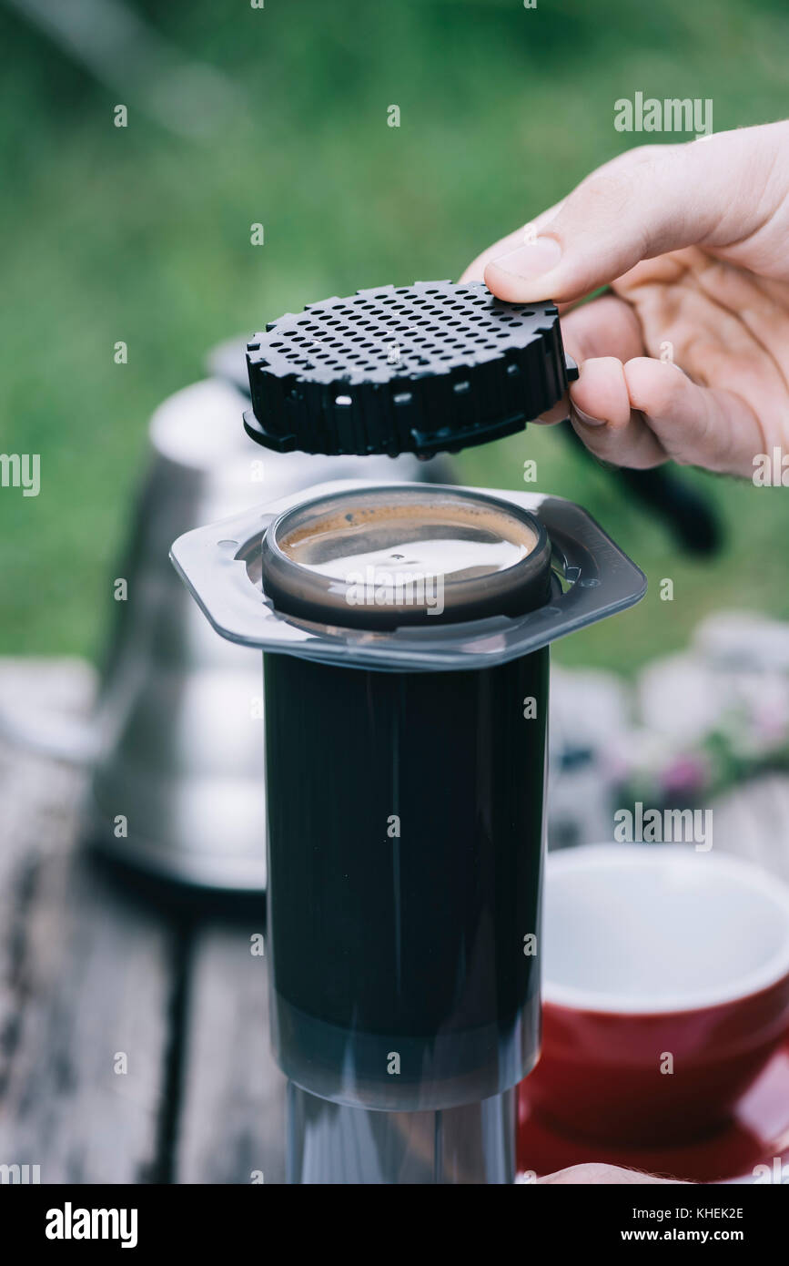 Delicious morning freshly brewed filter coffee on the rustic wooden ...