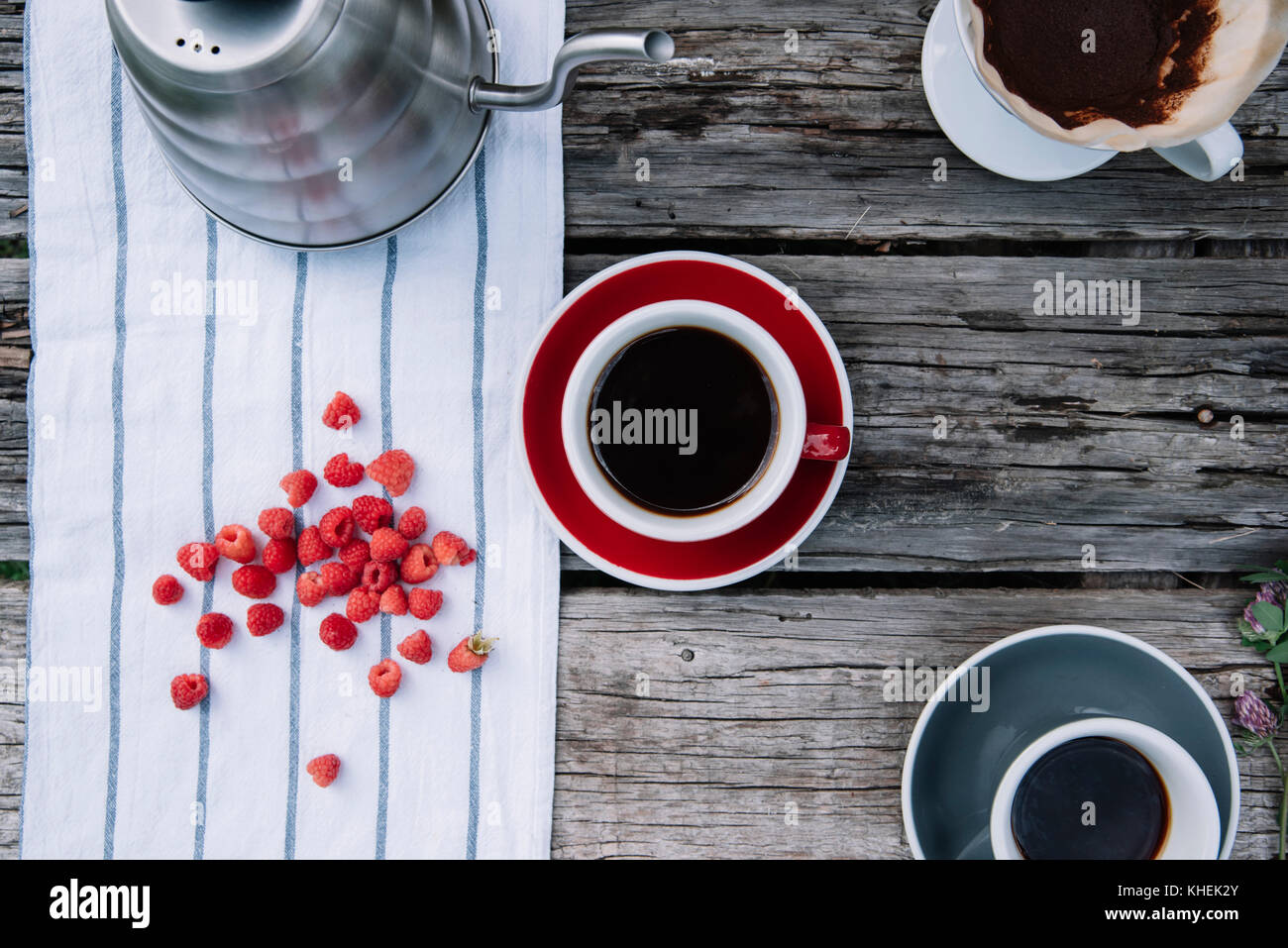Delicious fresh morning coffee on the rustic wooden table background ...
