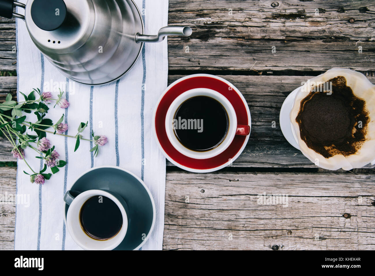 Delicious fresh morning coffee on the rustic wooden table background ...