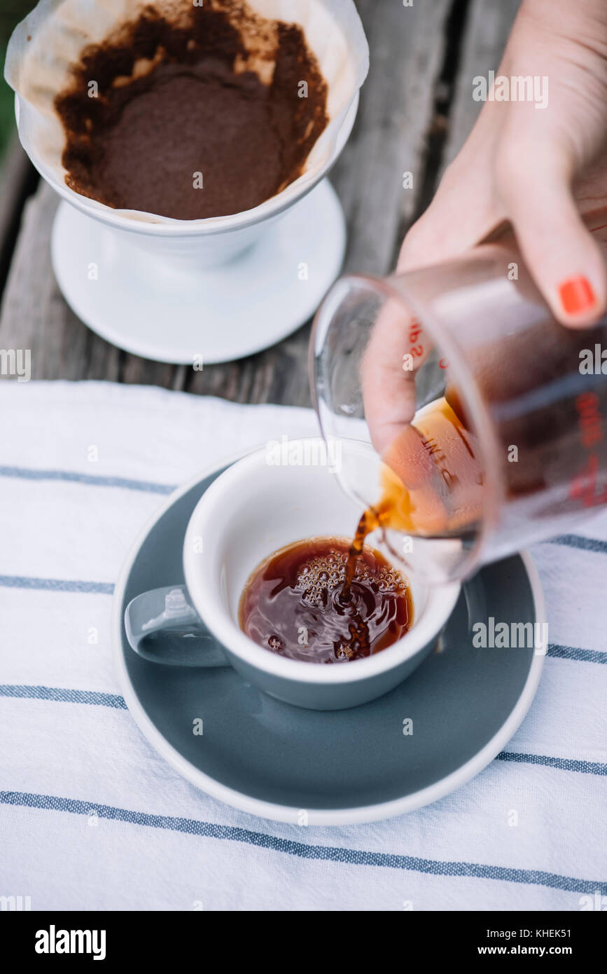 Delicious freshly brewed pour over coffee pouring into porcelain coffee ...