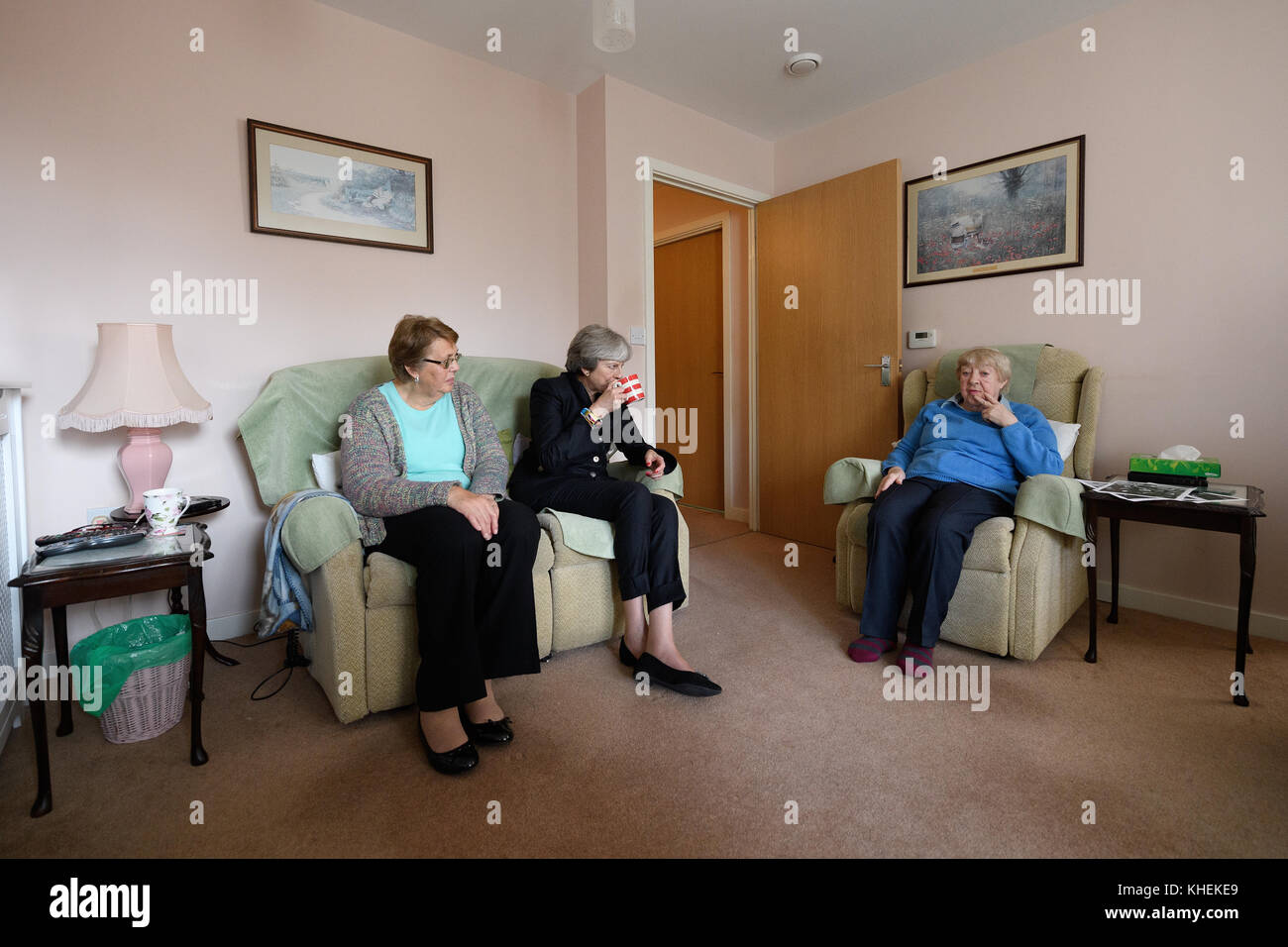 Prime Minister Theresa May meets residents Val Lay (left) and Rita ...