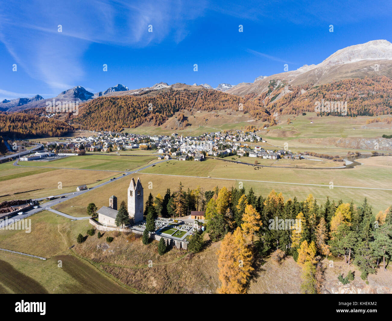 Village of Celerina in Engadine and church of San Gian Stock Photo - Alamy