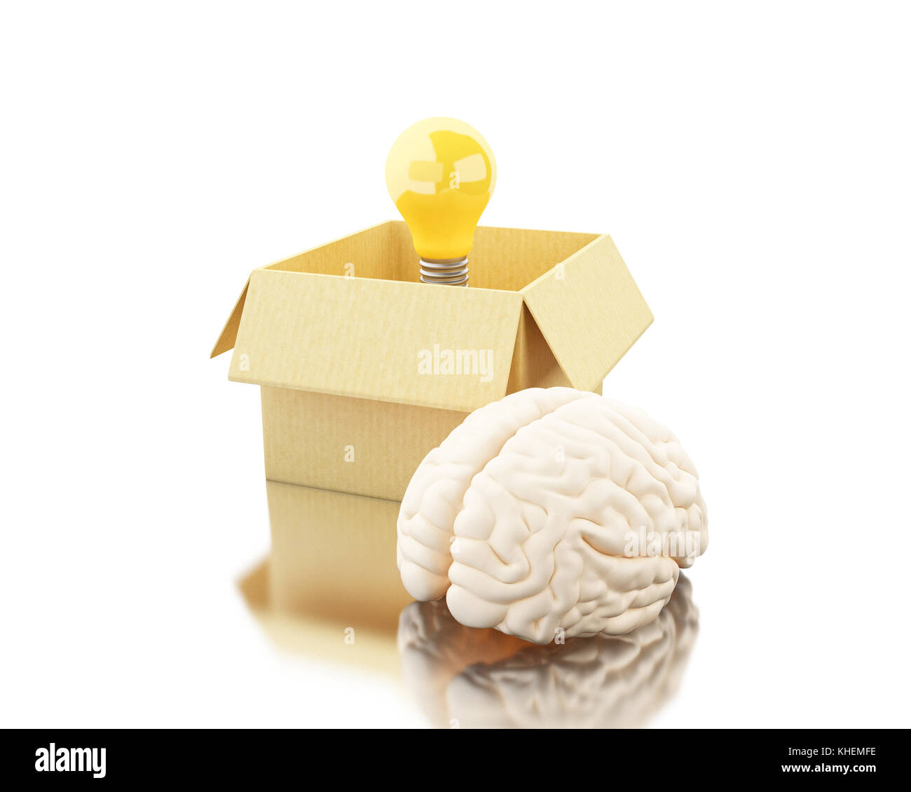 3d illustration. Brain with ligthbulb and cardboard box. Think outside ...