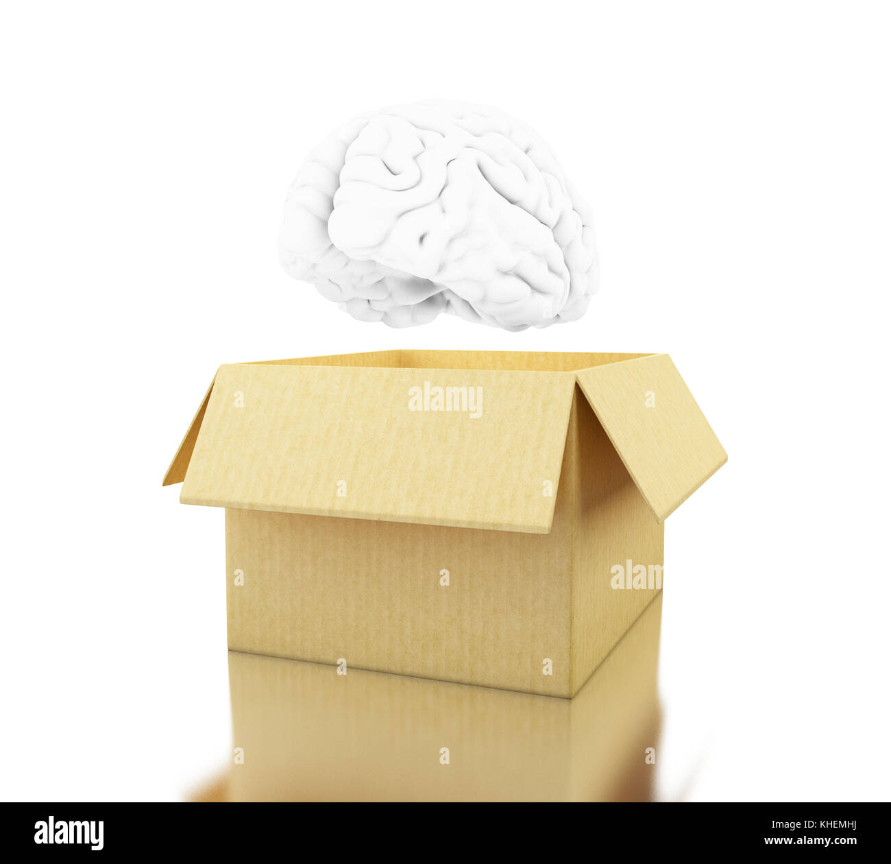 3d illustration. Brain with cardboard box. Think outside the box. Open ...