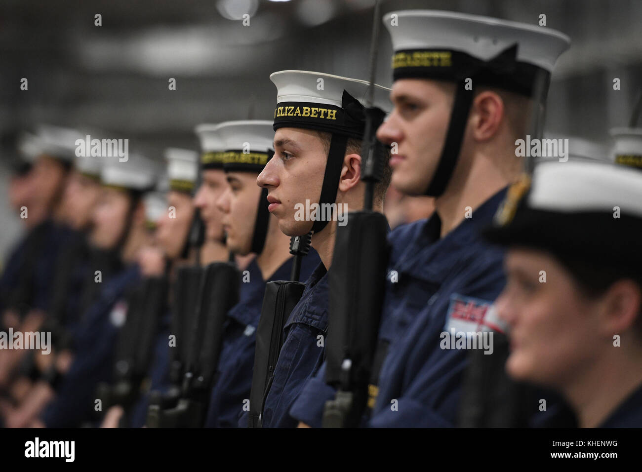 Crew members onboard HMS Queen Elizabeth during her latest sea trials ...