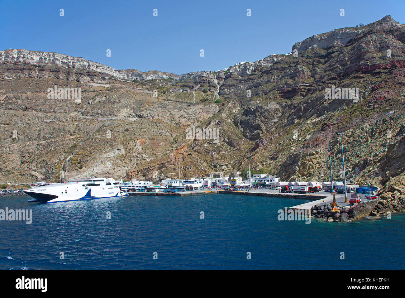 Ferry harbour Athinios, Santorin island, Cyclades, Aegean, Greece Stock ...
