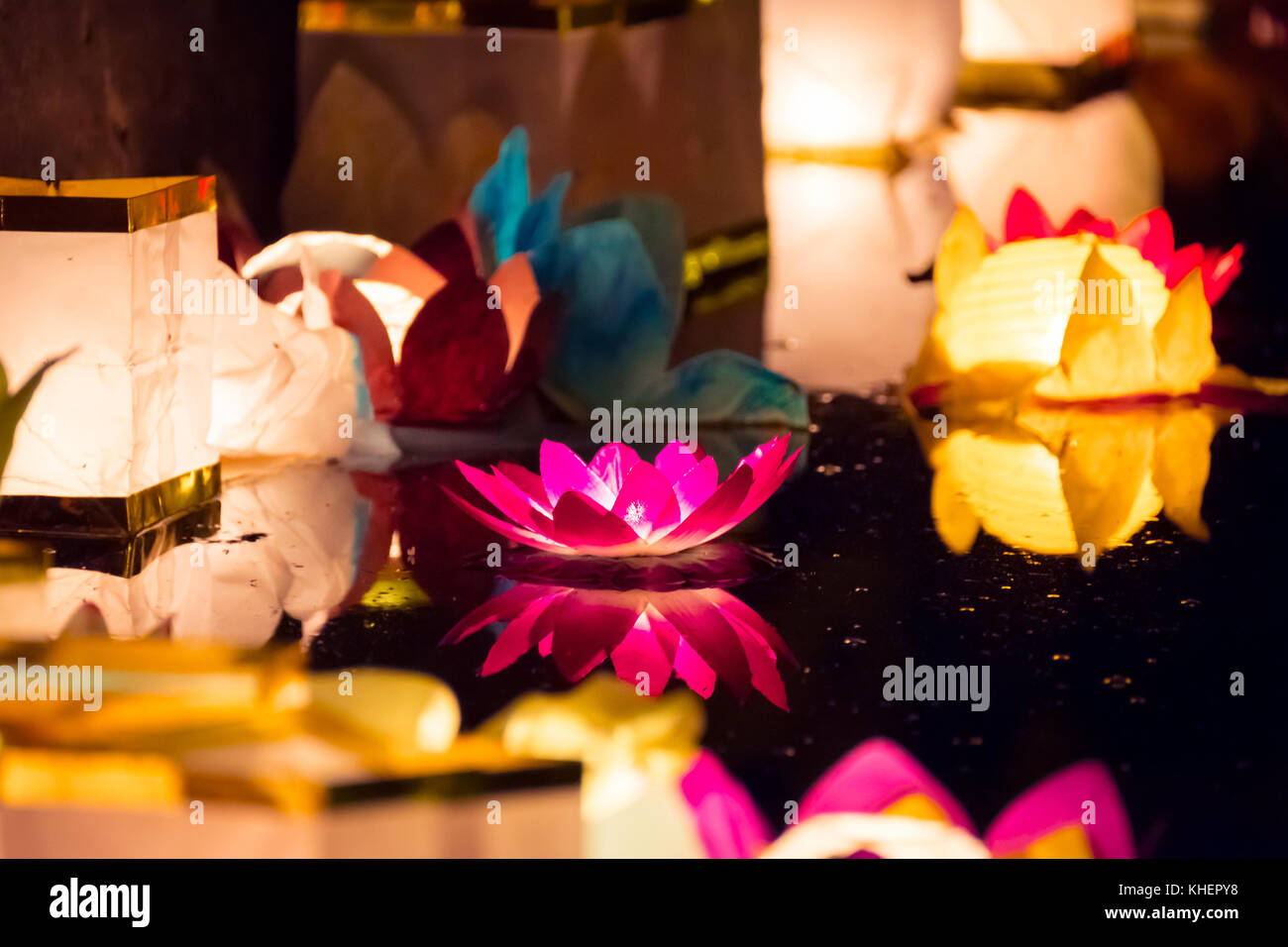 Floating Lotus Flower Paper Lanterns On Water Stock Photo - Alamy