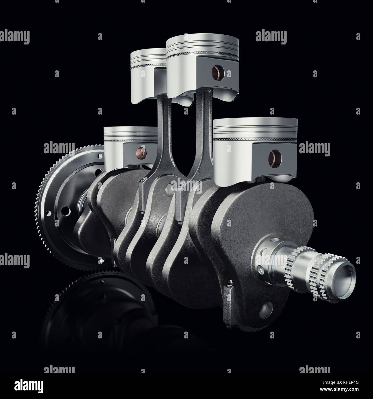 V4 engine pistons and cog on black background. Pistons and crankshaft ...