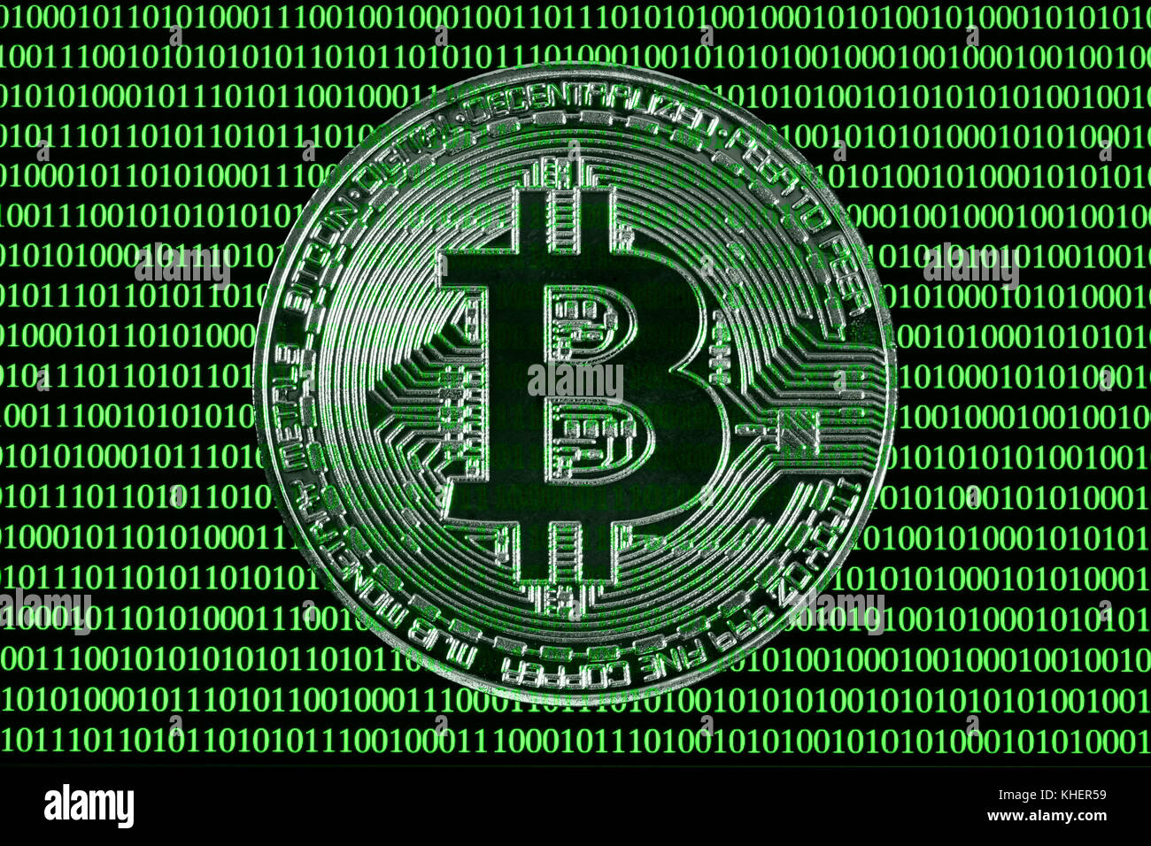 Symbol image digital currency, gold physical coin Bitcoin disappears in digital binary code ...