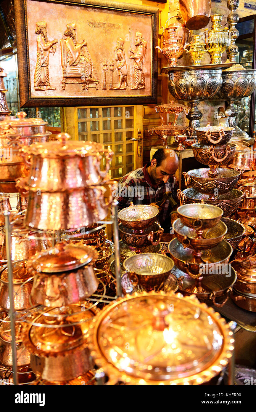 Copperworks in the bazaar under the arcades of Imam Square, Meydan-e ...