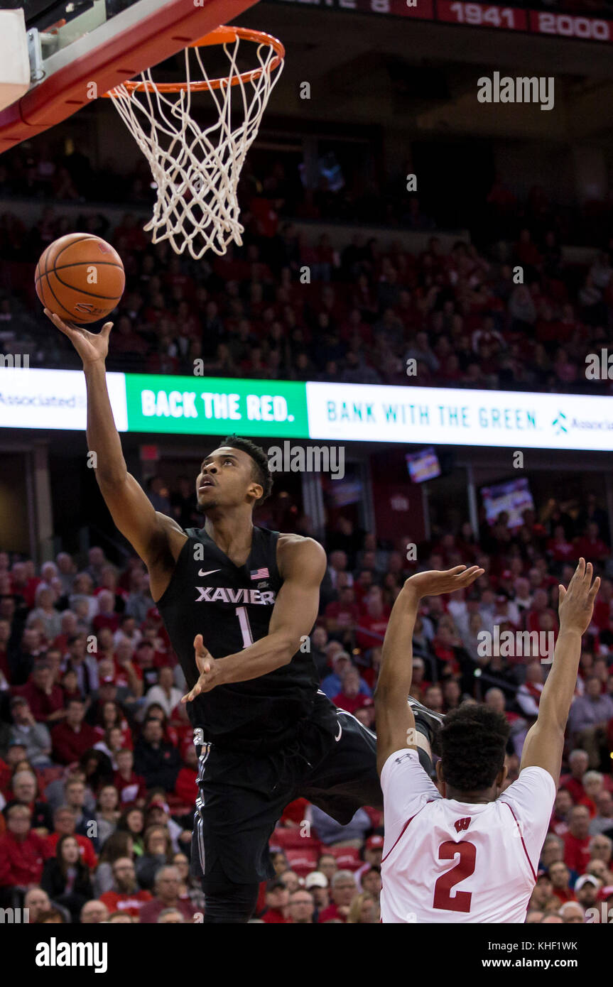 Madison, WI, USA. 16th Nov, 2017. Xavier Musketeers guard Paul Scruggs ...