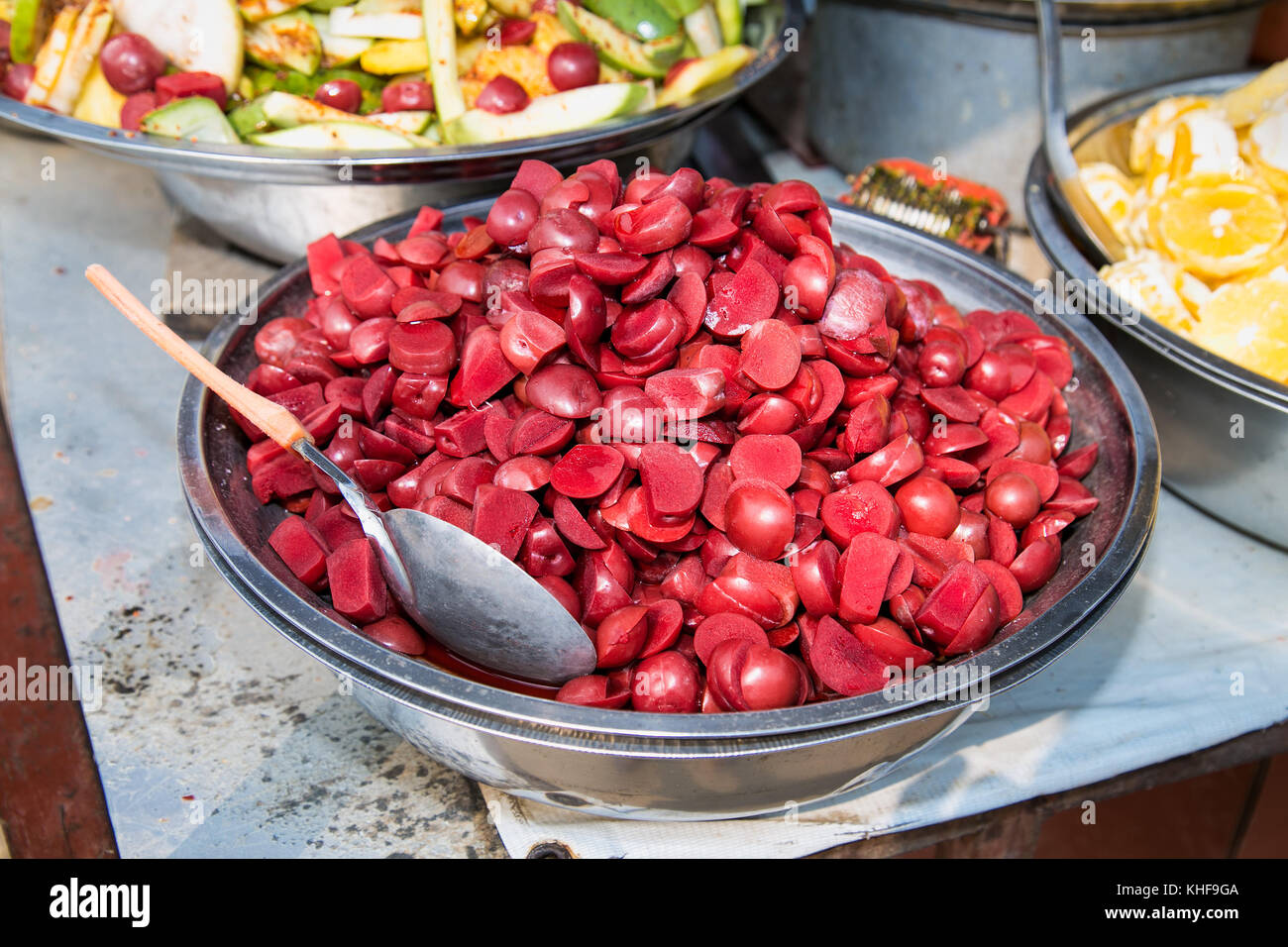 Fresh salat from red burmanese fruits at the street market in Mingun ...
