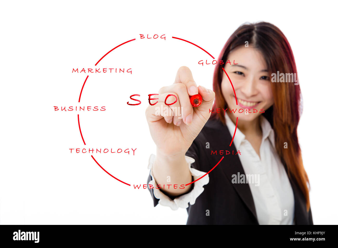 Asian businesswoman writing SEO strategy on virtual screen Stock Photo ...