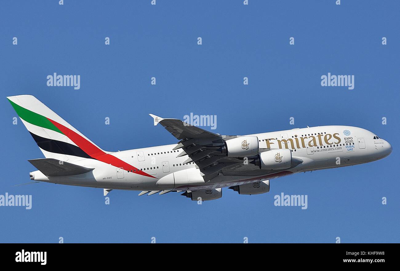 EMIRATES AIRBUS A380 A6-EEE climbing out of London Heathrow Stock Photo ...
