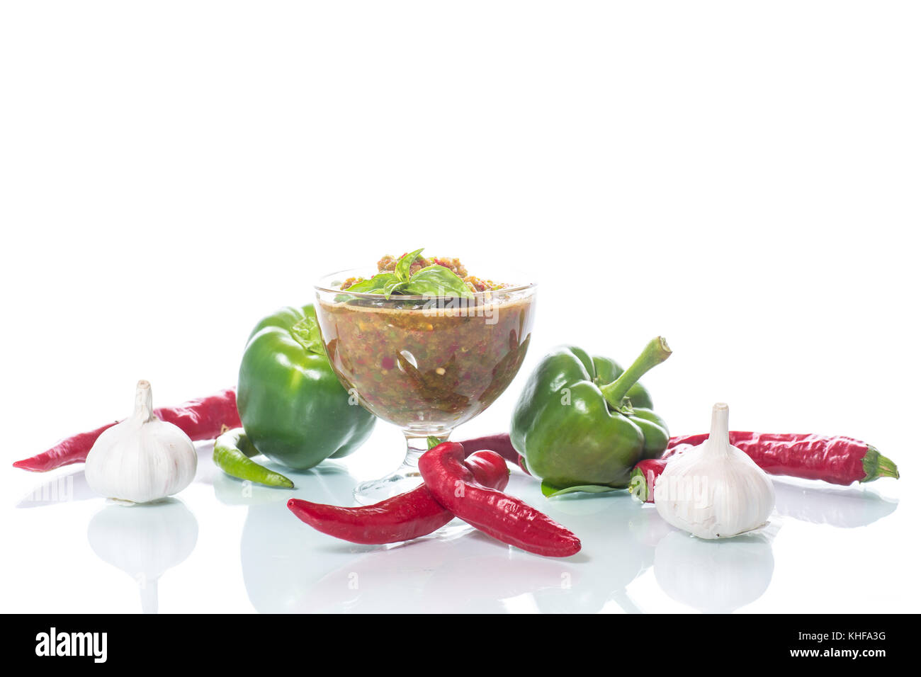 acute sauce of adzhika from various types of pepper on a white ...