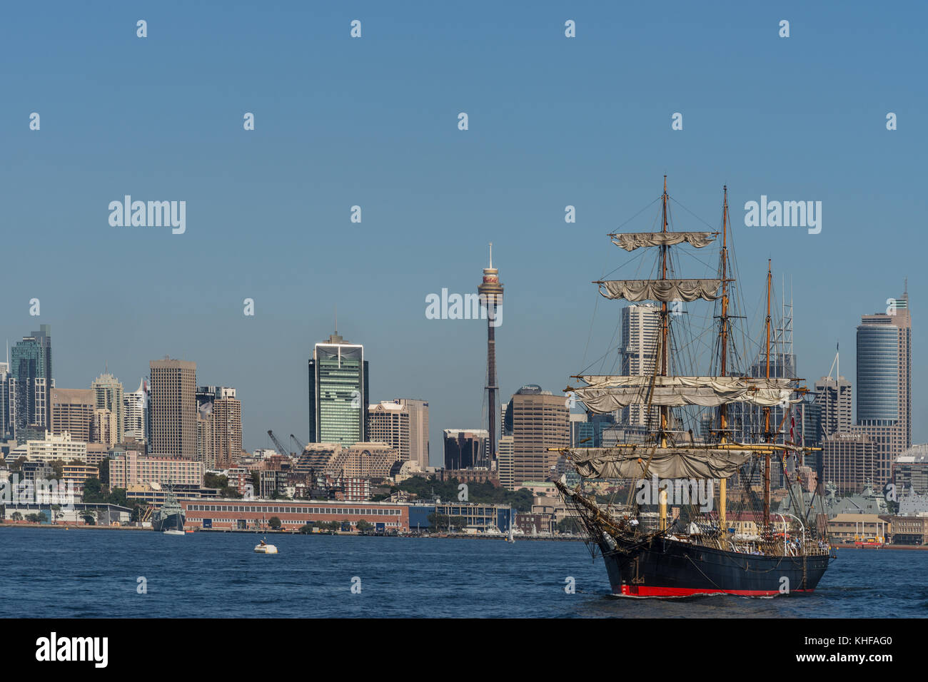 Sydney, Australia - March 26, 2017: Sailing tall black and red ship ...