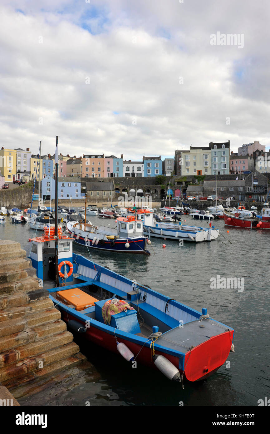 Tenby Harbour yachts and fishing boats at the holday resort town of ...