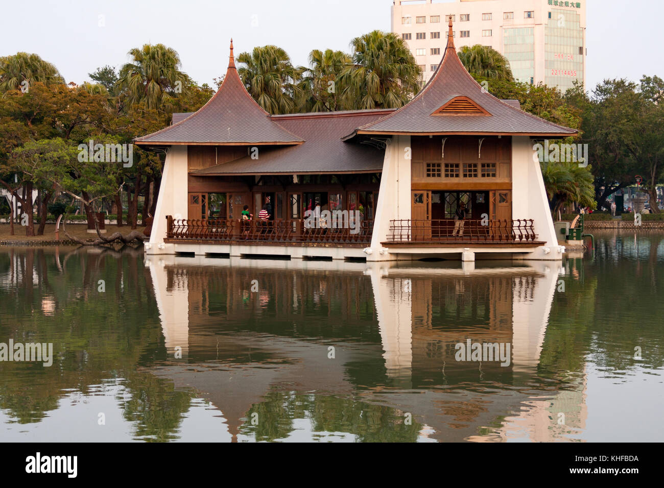 Taichung Park Lake Twin Pavilions standing and reflecting in the middle ...