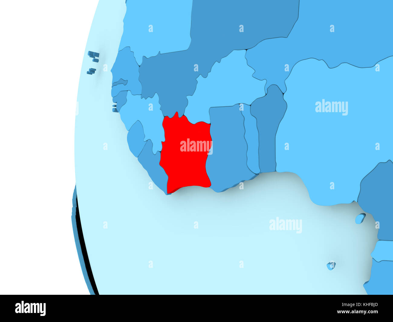 3D render of Ivory Coast in red on blue political globe. 3D ...