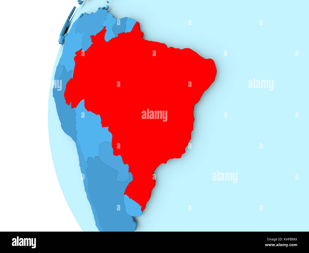 3D render of Brazil in red on blue political globe. 3D illustration ...