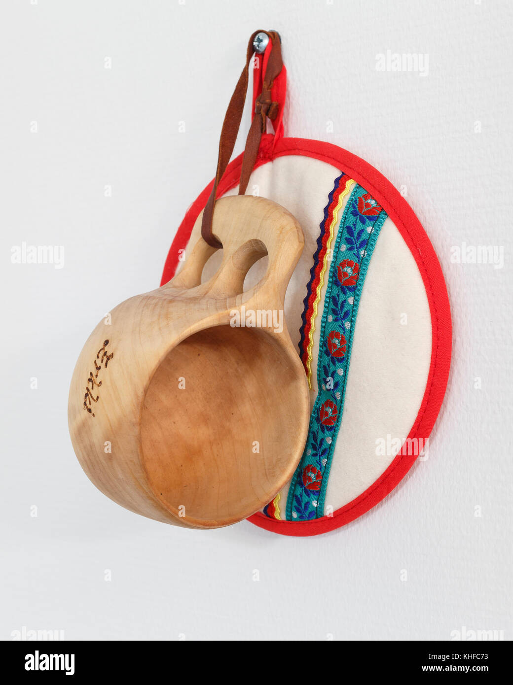 wooden cup for hot and private with braid in Finland Stock Photo - Alamy