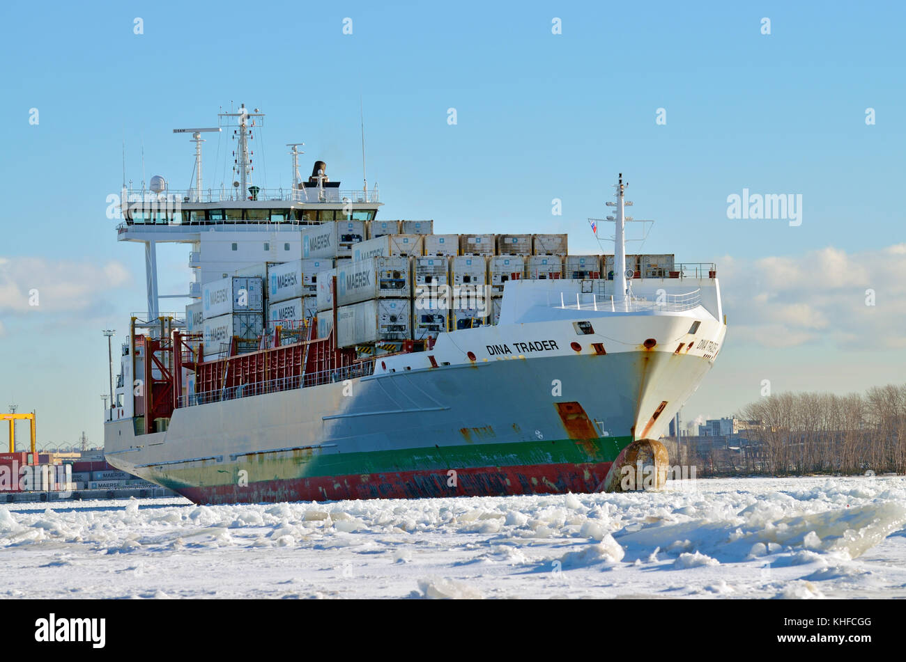 14.02.2017.Russia.Saint-Petersburg.A tanker loaded with containers ...