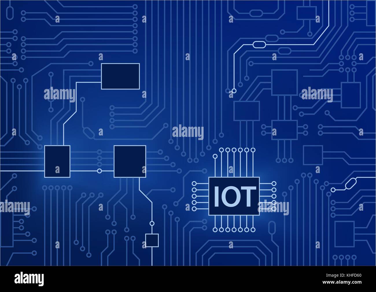 IOT text displayed on circuit board with blue background. Internet of ...