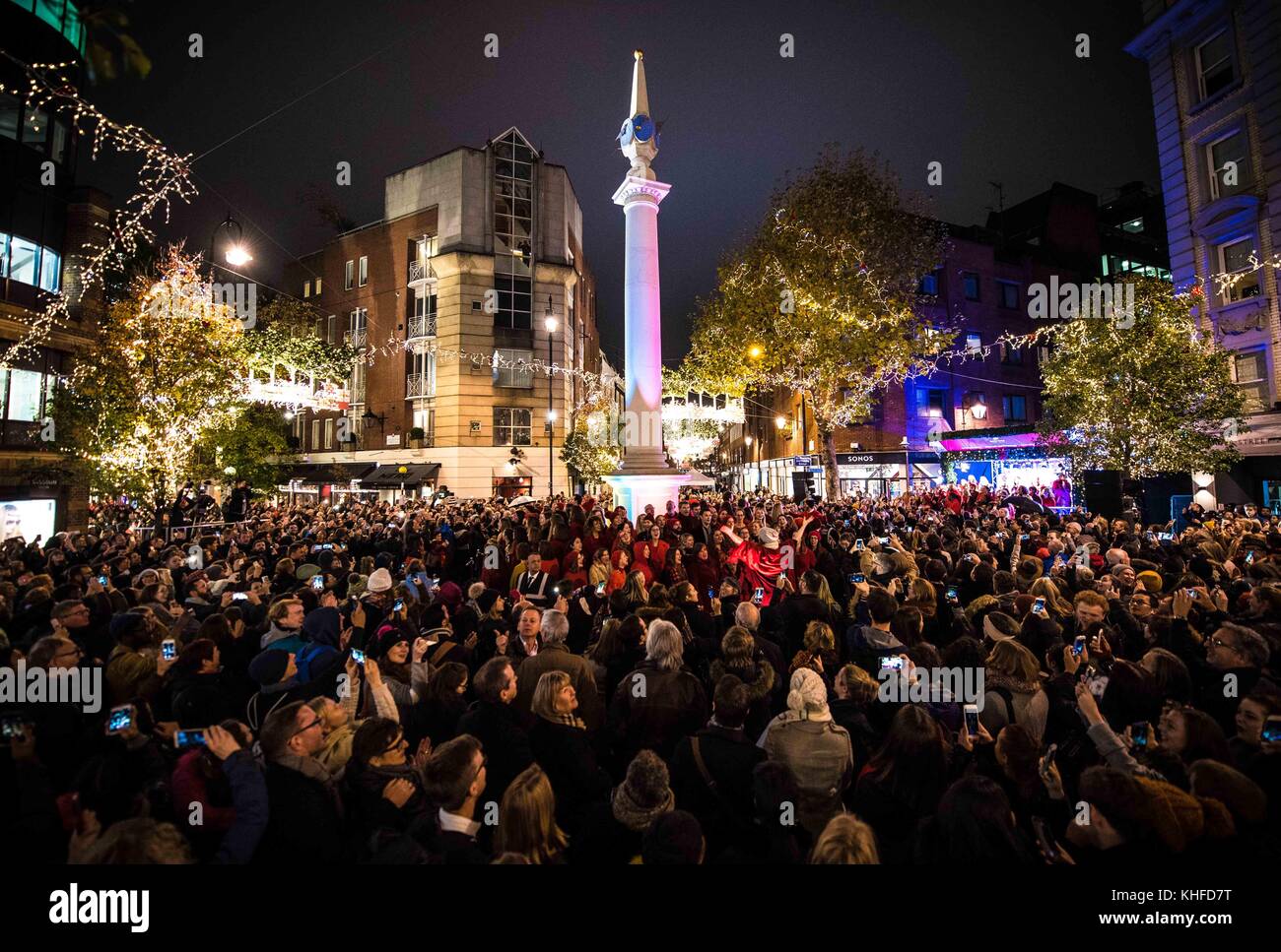 EDITORIAL USE ONLY Crowds gather around the iconic Seven Dials monument ...