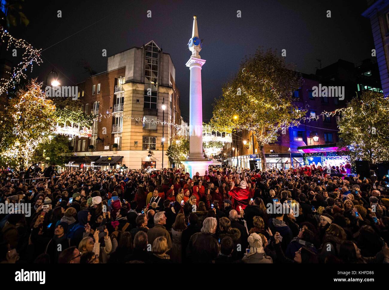 EDITORIAL USE ONLY Crowds gather around the iconic Seven Dials monument ...