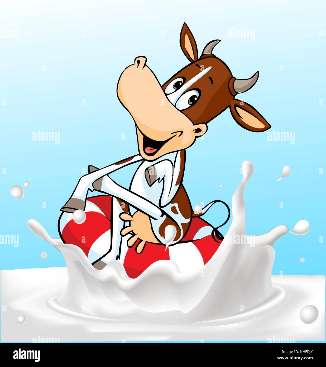 cute cow swim in inflatable ring milk splash - vector cartoon ...