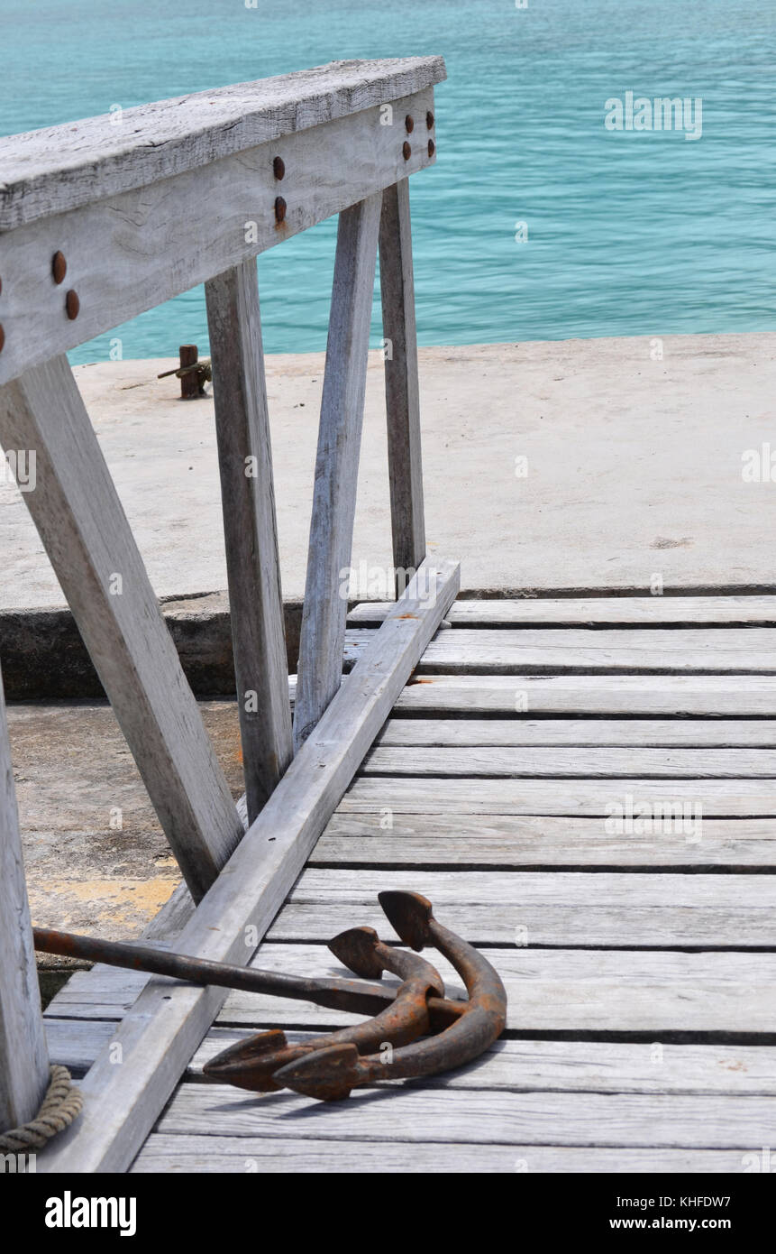 Boat anchor on wooden jetty Mystery Island South Pacific Stock Photo ...