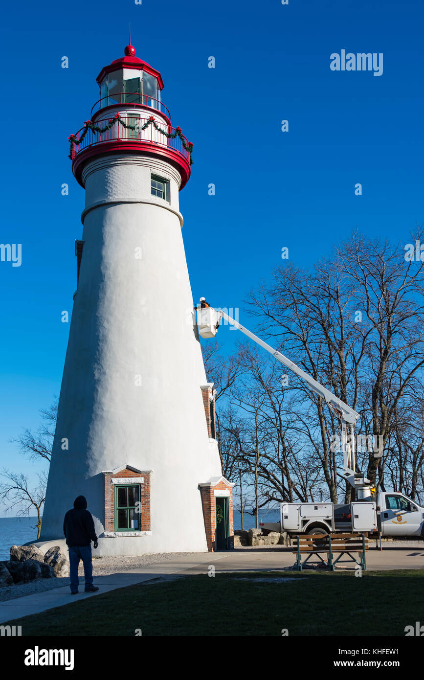 Maintenance at the Marblehead Lighthouse in Marblehead, Ohio Stock ...